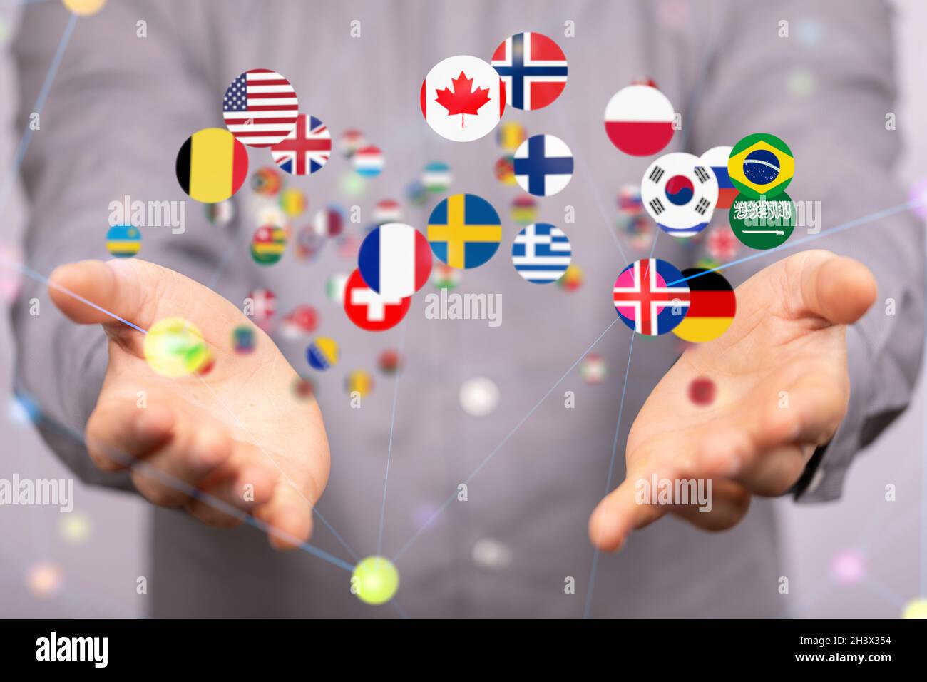 Human hand showing the digital concept of global communication ...