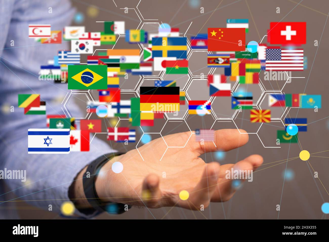 Human hand showing the digital concept of global communication ...