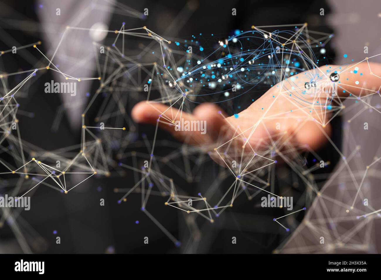 3D rendering of floating digital data network symbol on hand Stock ...
