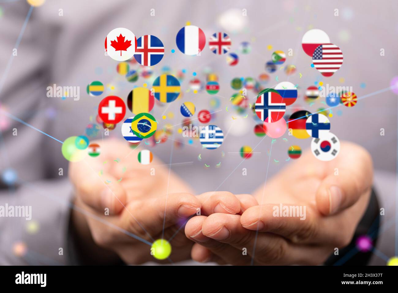 Human hand showing the digital concept of global communication ...