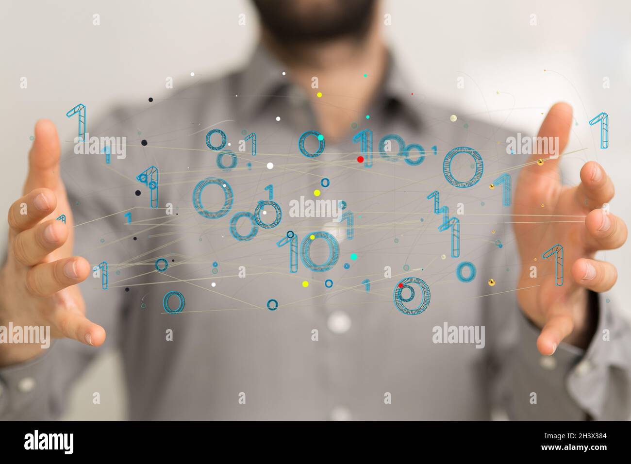 Closeup of 3D rendering of cybersecurity with binary codes floating on a human's hand Stock ...