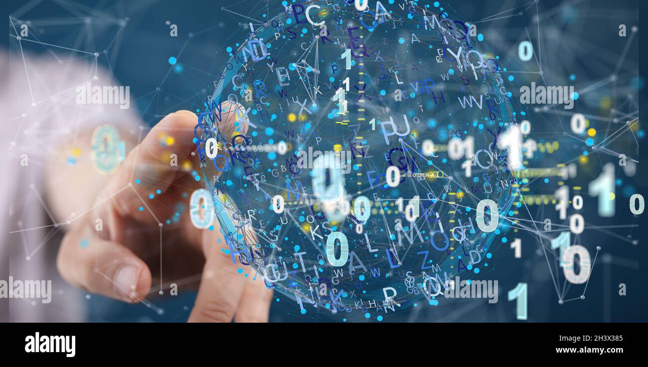 Closeup of 3D rendering of cybersecurity with binary codes floating on a human's hand Stock ...