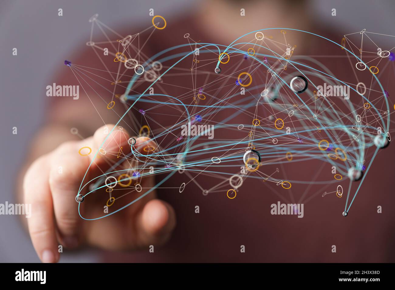 3D rendering of floating digital data network symbol on hand Stock ...