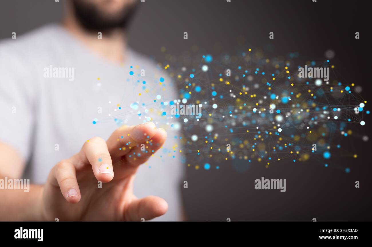 3D rendering of floating digital data network symbol on hand Stock ...