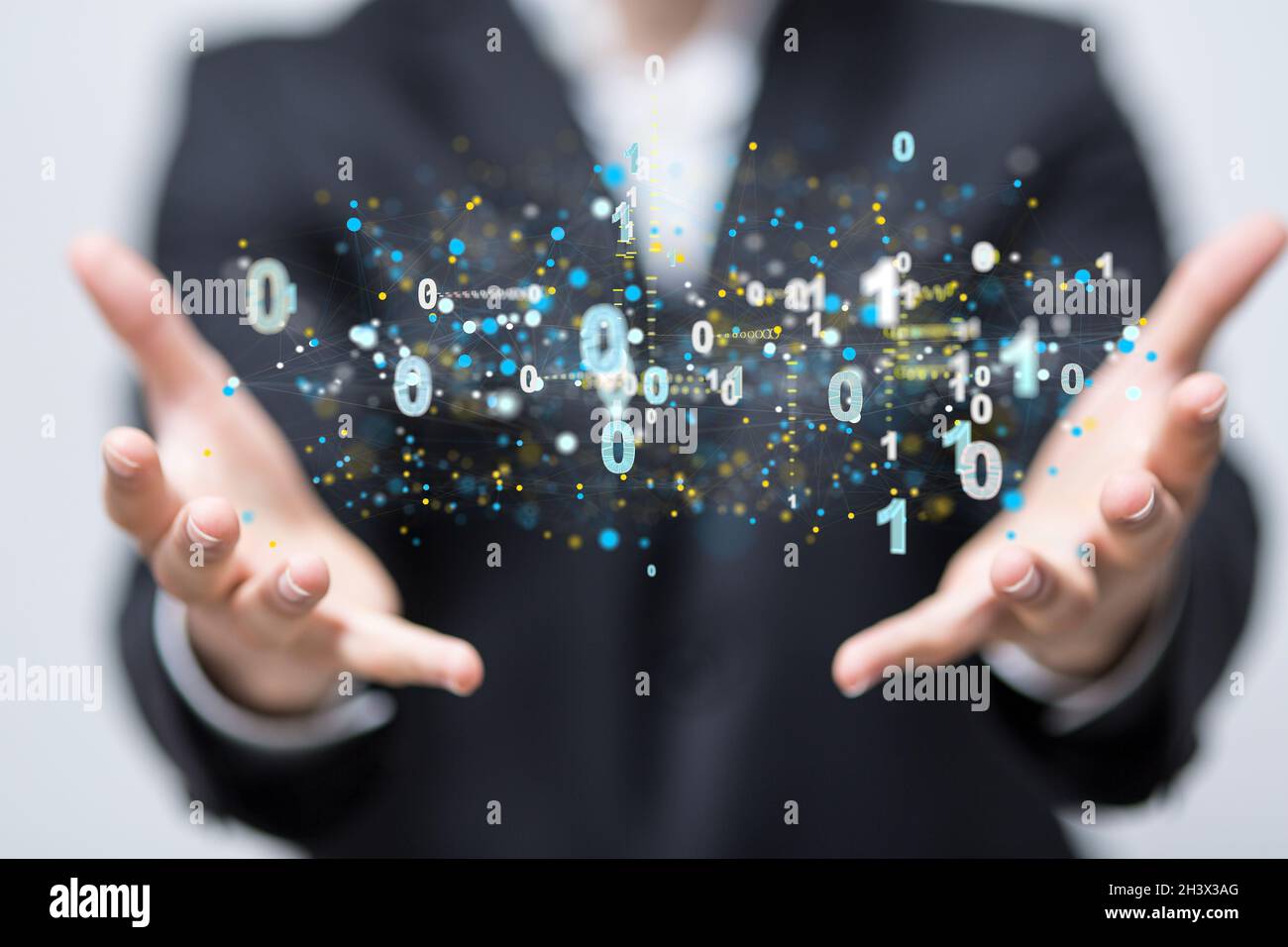 Closeup of 3D rendering of cybersecurity with binary codes floating on a human's hand Stock ...