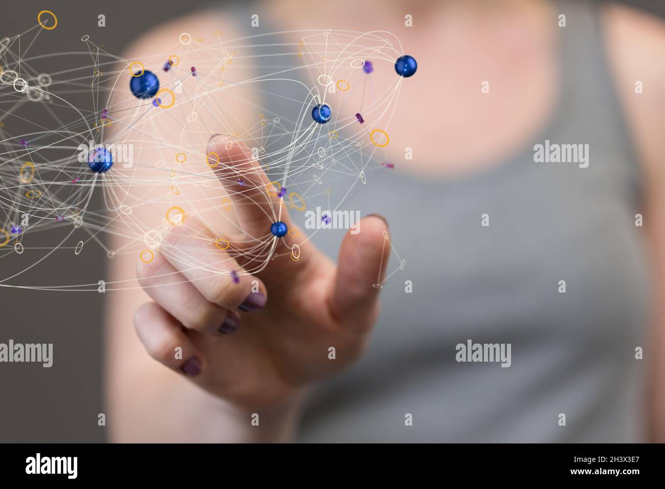 3D rendering of floating digital data network symbol on hand Stock ...