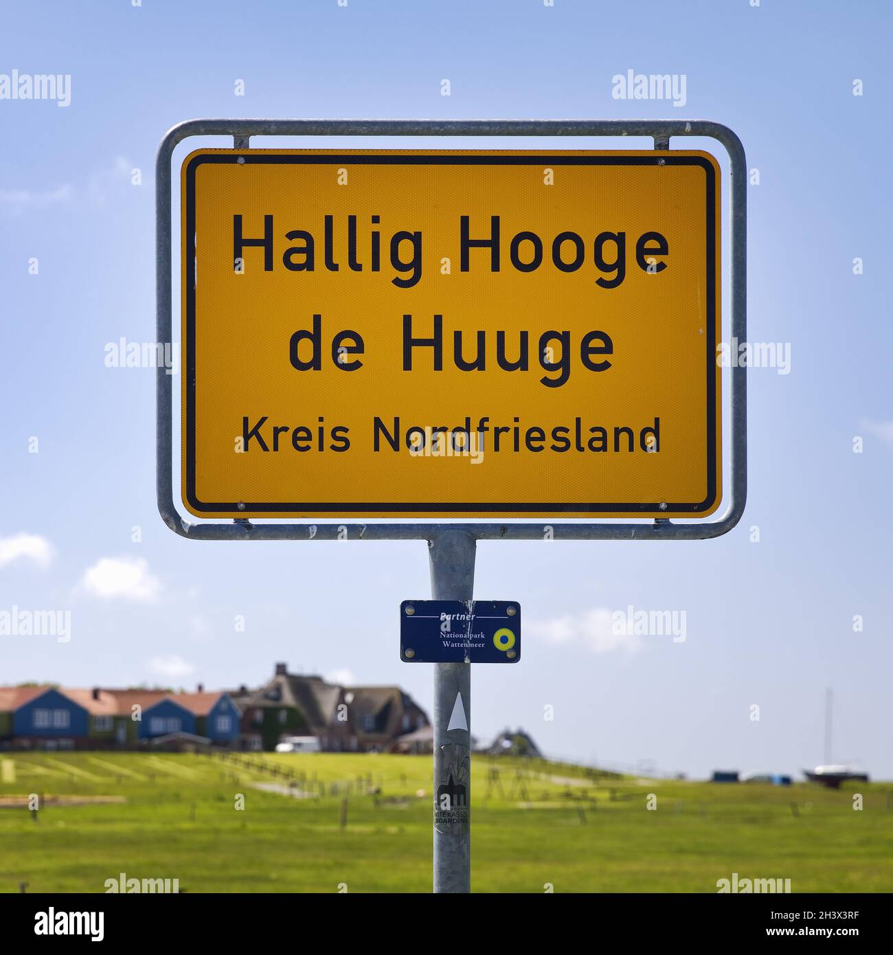 Bilingual entrance sign, German and Frisian, Hallig Hooge, Schleswig ...