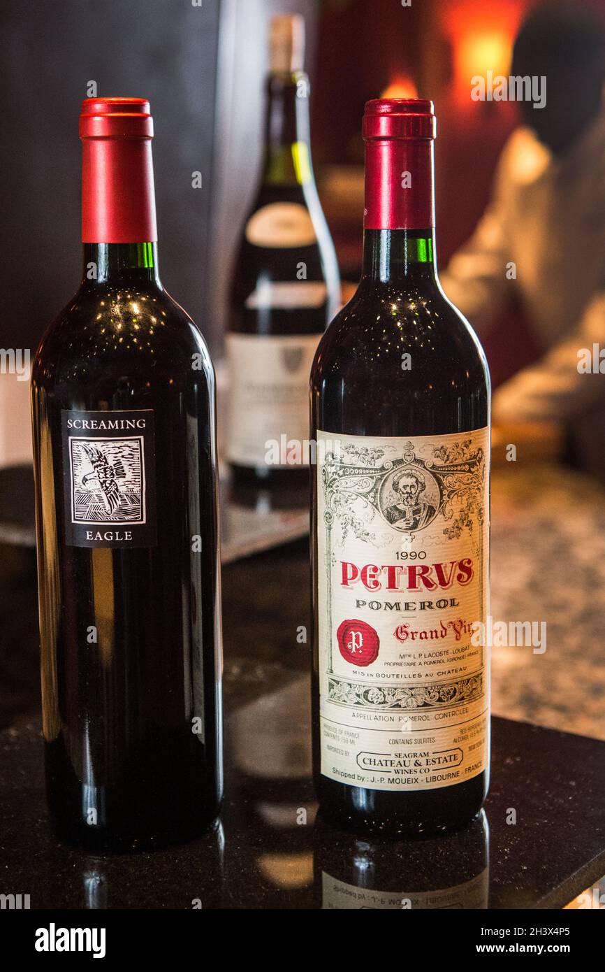 San Francisco, California, USA. Bottles of vintage red wine are ...