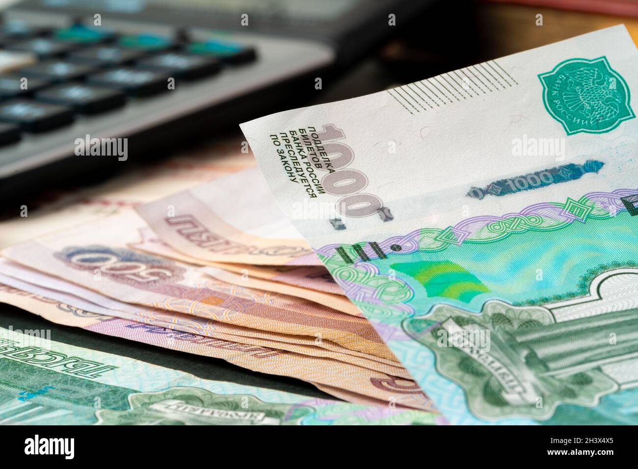 Close up photo of stack of Russian money rubles with calculator Stock ...