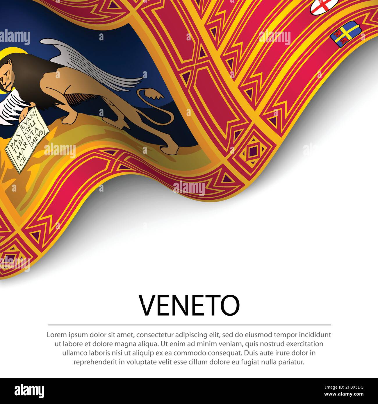 Waving flag of Veneto is a region of Italy on white background. Banner ...