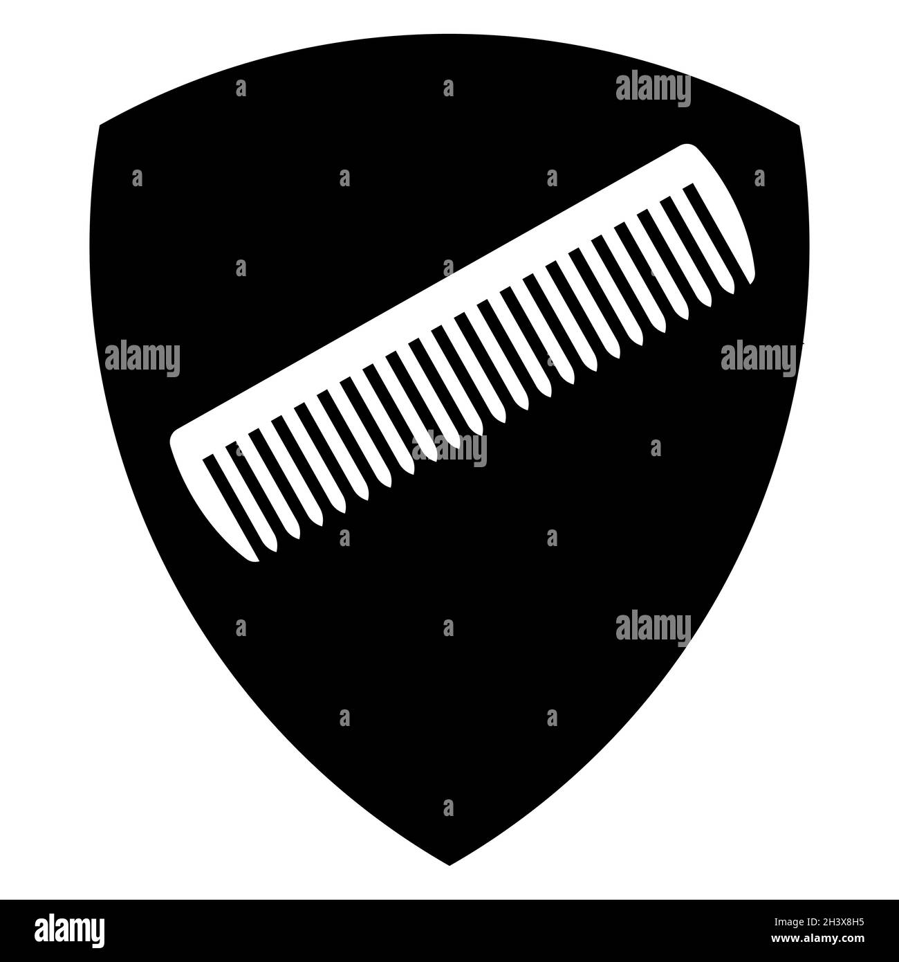 Comb silhouette icon. Hairbrush white symbol isolated on black shield ...