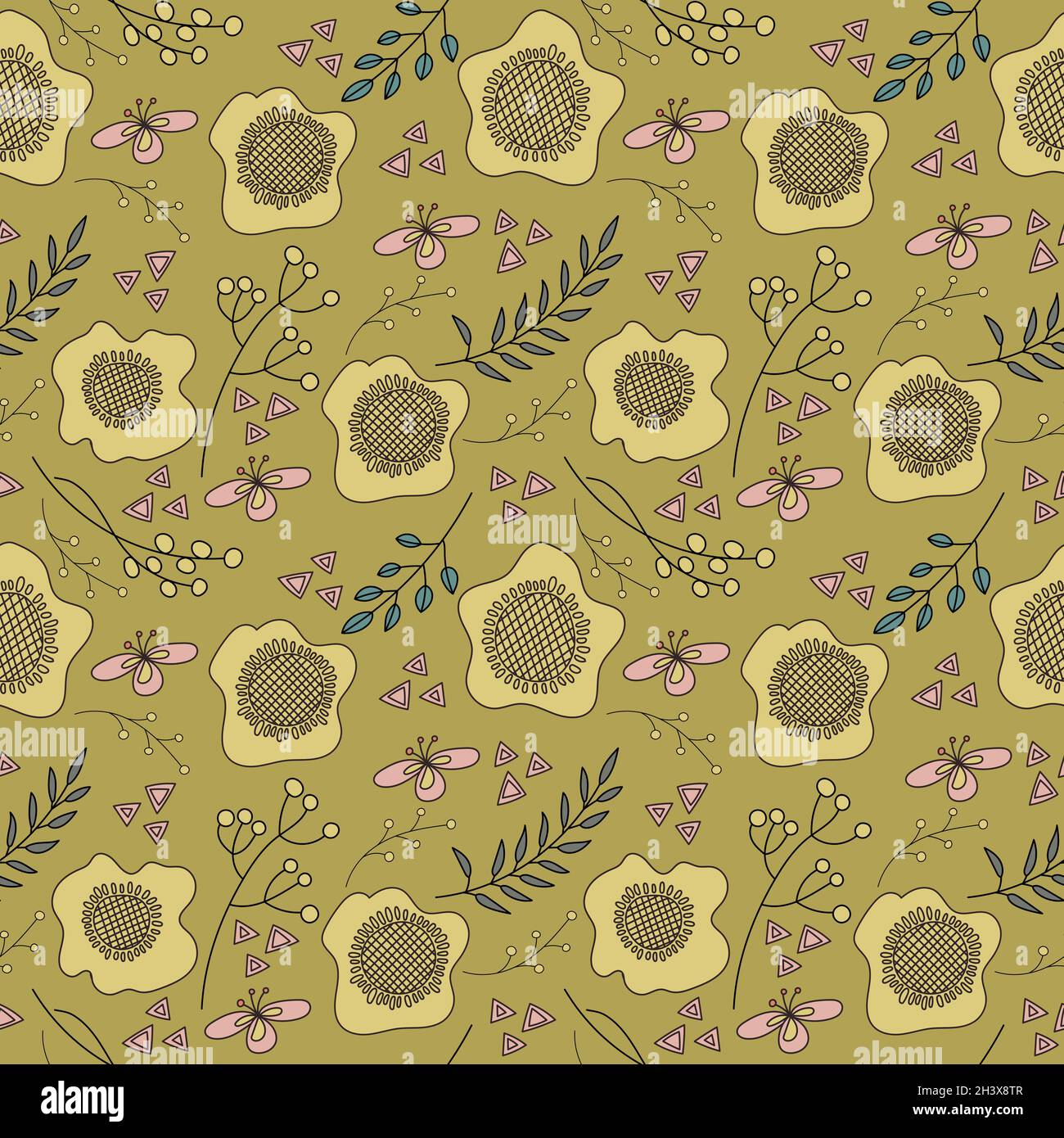 Seamless floral pattern on olive green background Stock Vector Image ...