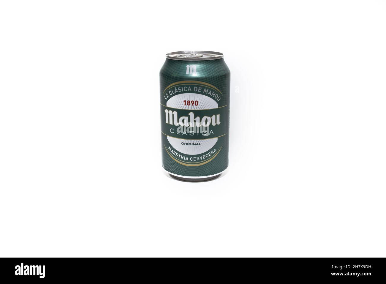 HUELVA, SPAIN - Sep 30, 2021: A beer can with brand Mahou isolated on a ...