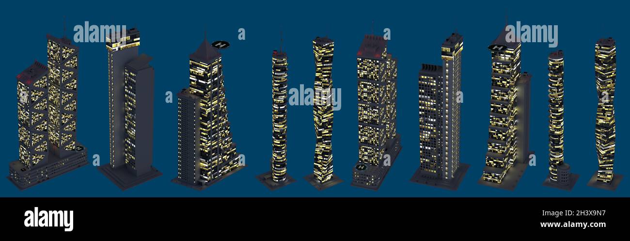 hi-tech fictional buildings at dark time with glowing lights, isolated ...