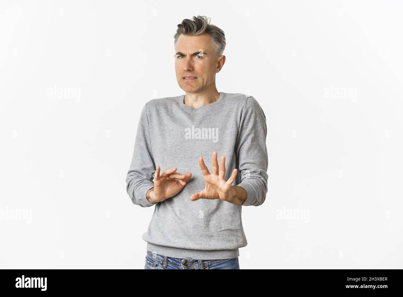 Portrait of reluctant middle-aged man avoiding something bad, shaking ...