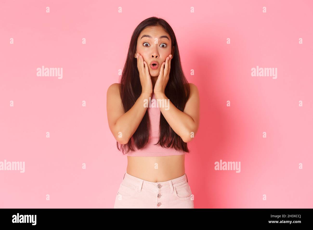 Lifestyle, beauty and women concept. Portrait of intrigued and ...