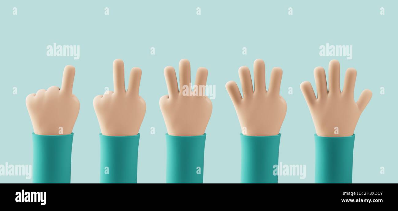 Cartoon person hands counting from one to five with fingers. 3d render ...