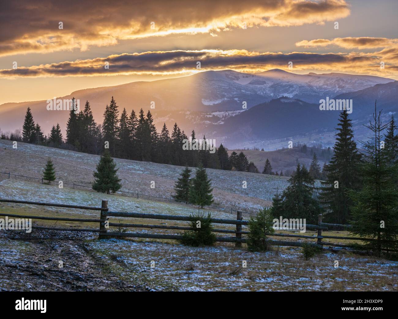 Picturesque sunset above late autumn mountain countryside. Ukraine ...