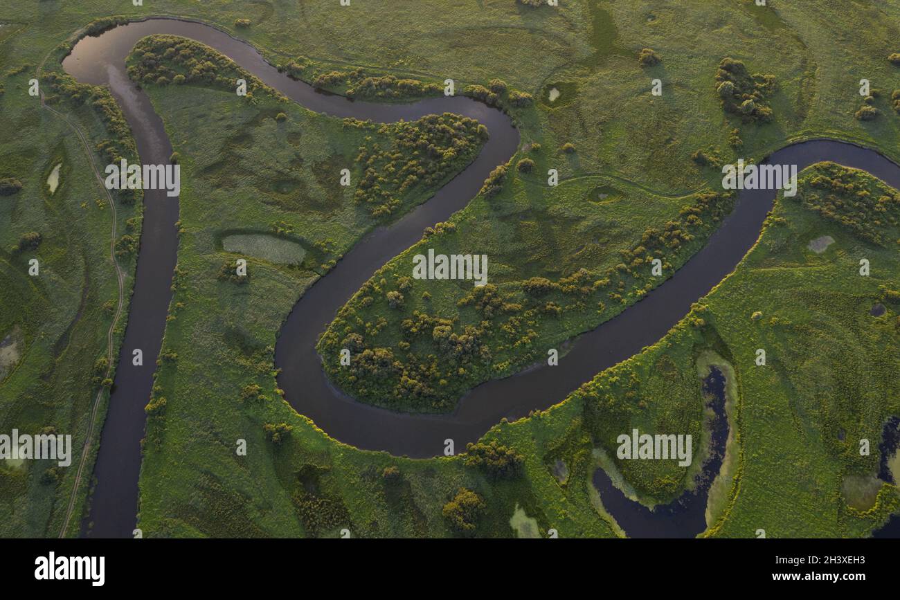 Aerial view of a small stream and lush green wetland Stock Photo - Alamy