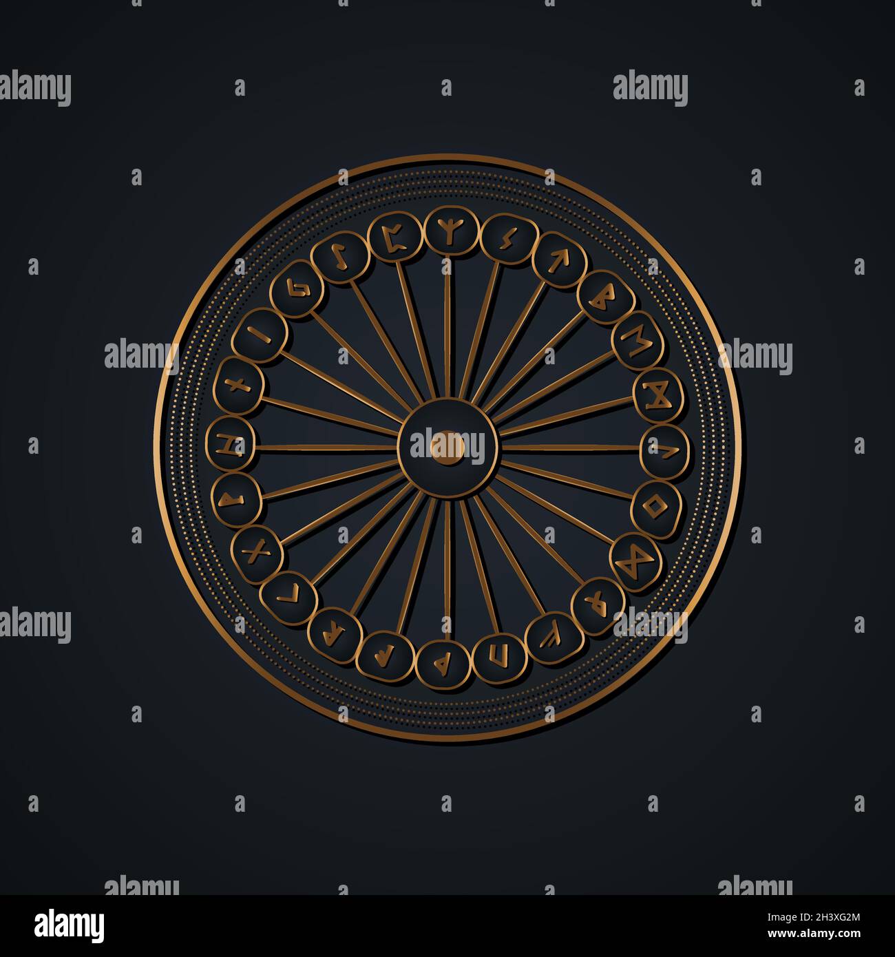 Set of old Norse runes circles. Gold Runic wheel alphabet, Futhark ...