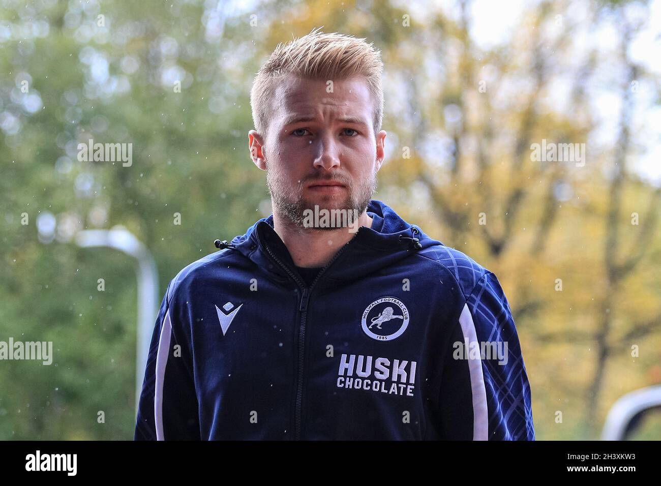 Billy Mitchell #24 of Millwall gets off the team bus on arrival at The ...