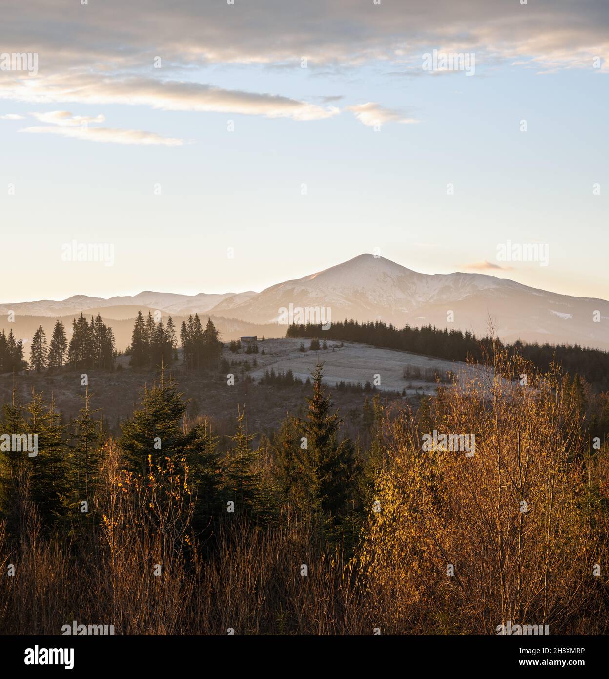 Picturesque sunrise above late autumn mountain countryside. Ukraine ...