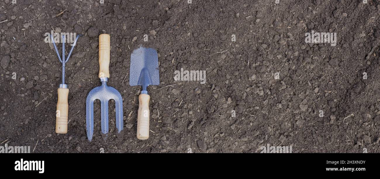 Hand garden tools on black fertile soil. Preparation for planting ...