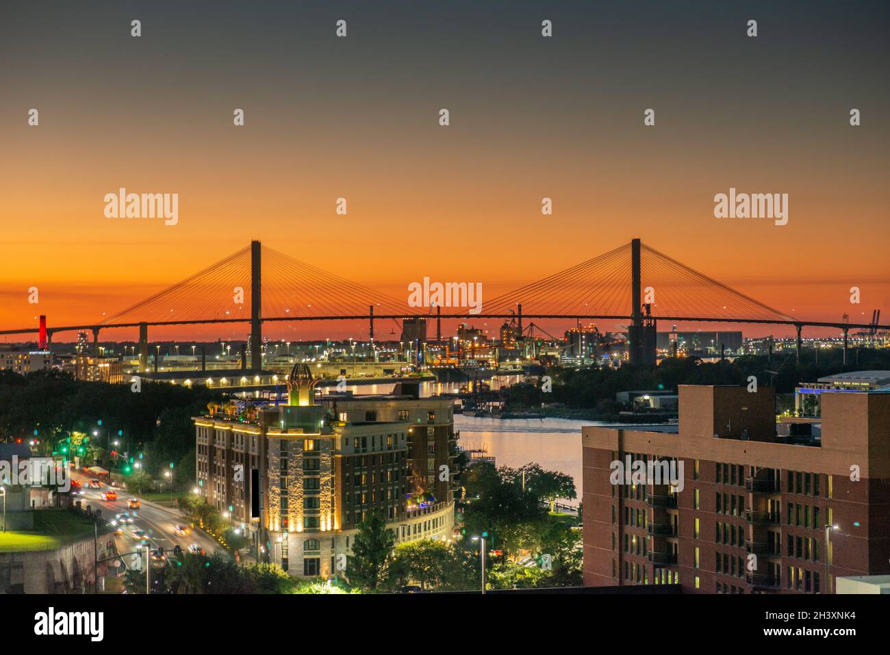 Sunset over Savannah Georgia with the iconic Talmadge Memorial Bridge ...