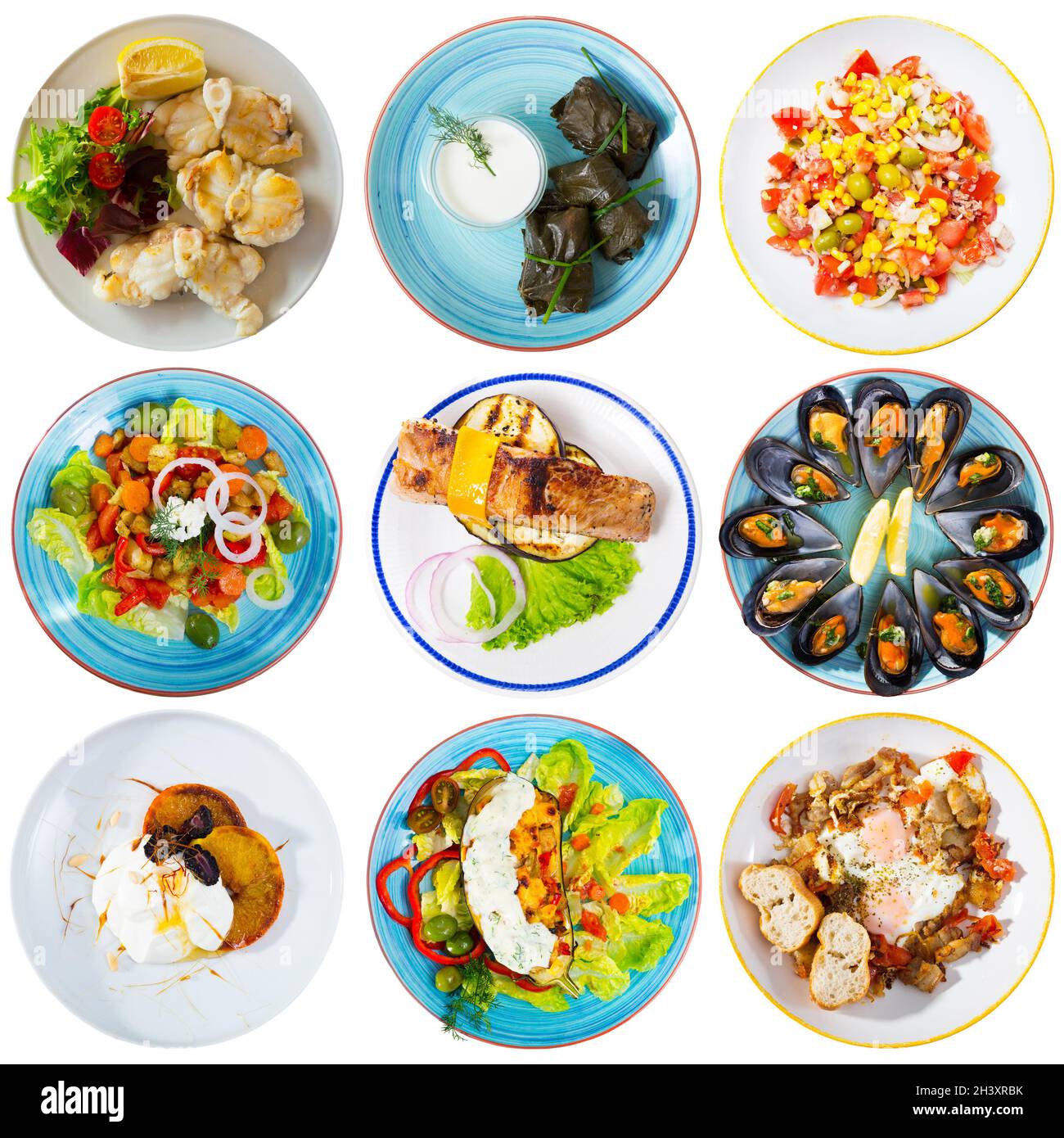 Collage of different dishes on round plates Stock Photo - Alamy