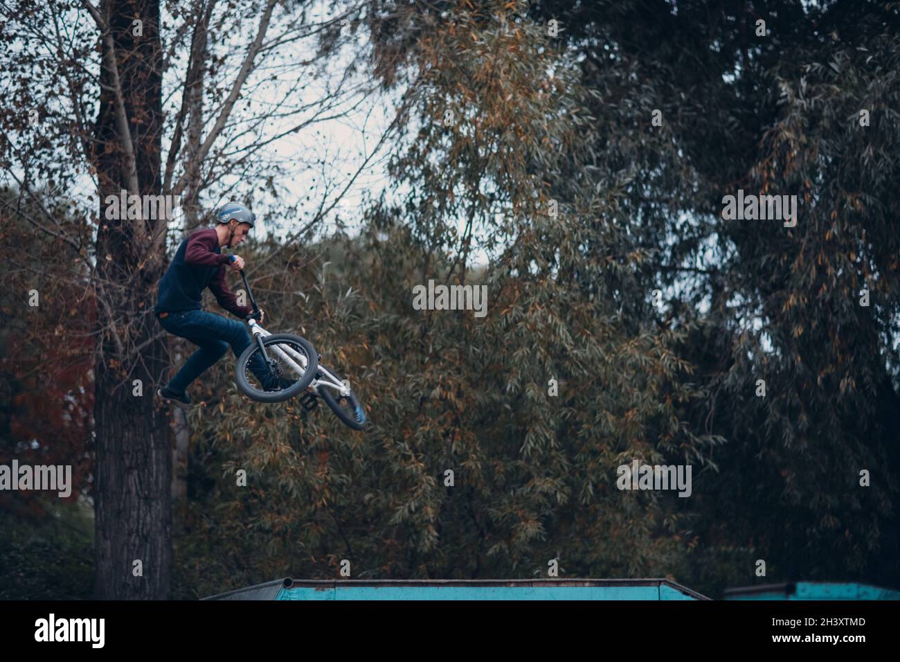 Professional young sportsman cyclist with bmx bike at skatepark Stock ...