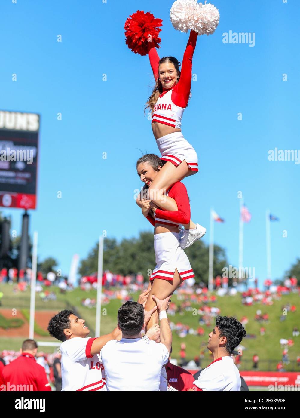 October 30, 2021: The Louisiana cheerleaders performs a pyramid during ...