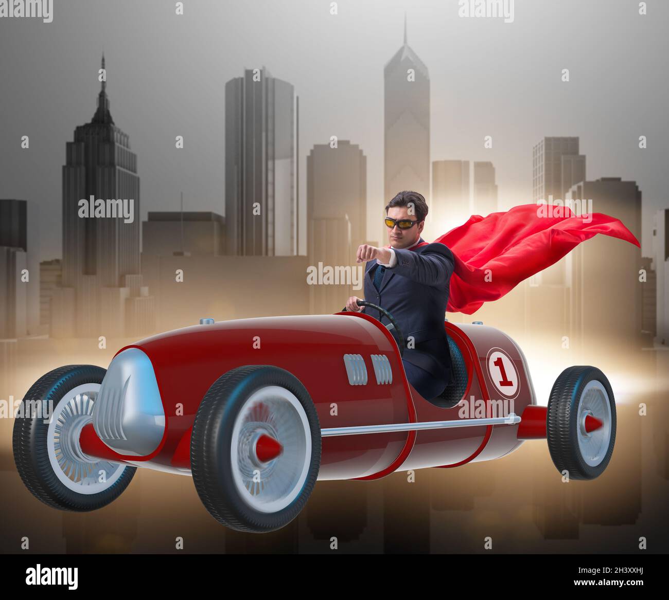Superhero businessman driving vintage roadster Stock Photo - Alamy