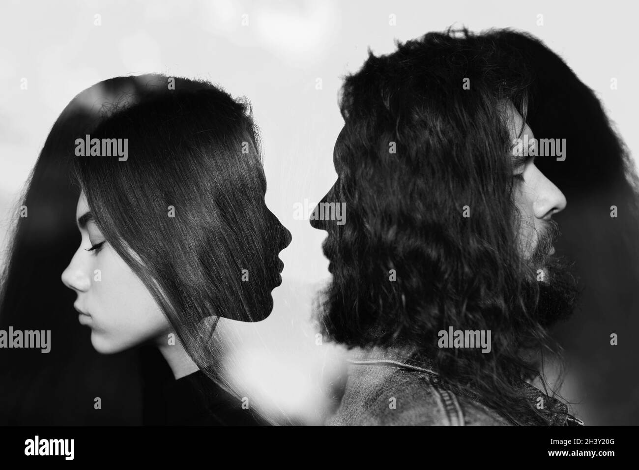 Man and woman profile multiple exposure portrait. Codependency and ...