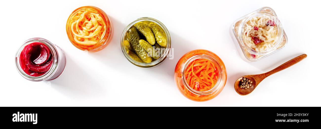 Fermented food panorama on a white background. Canned vegetables Stock ...