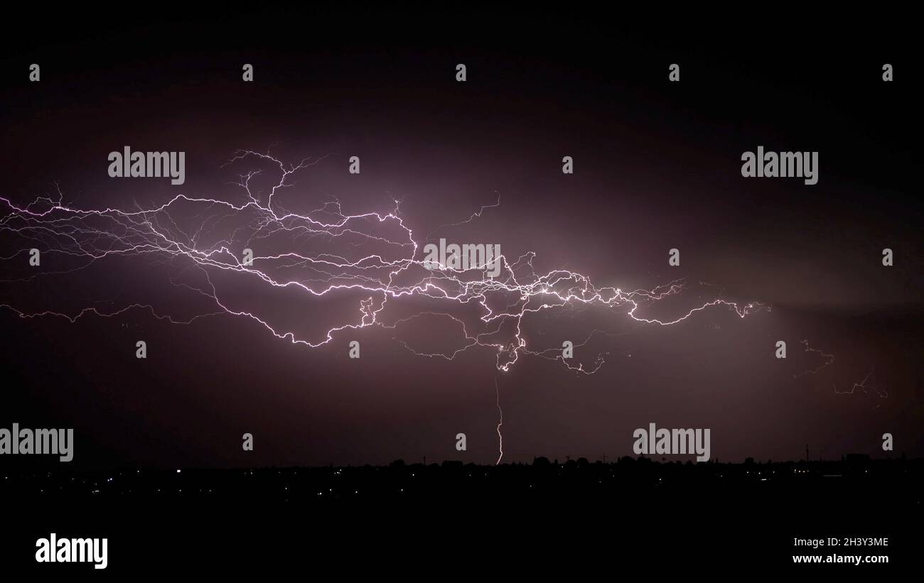 A real lightnings in the sky at night. Powerful and several lightning ...