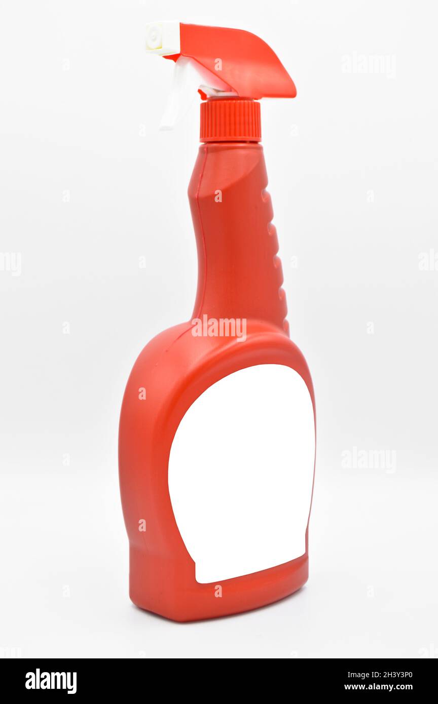 Red colored plastic spray detergent bottle. Cosmetic, container ...