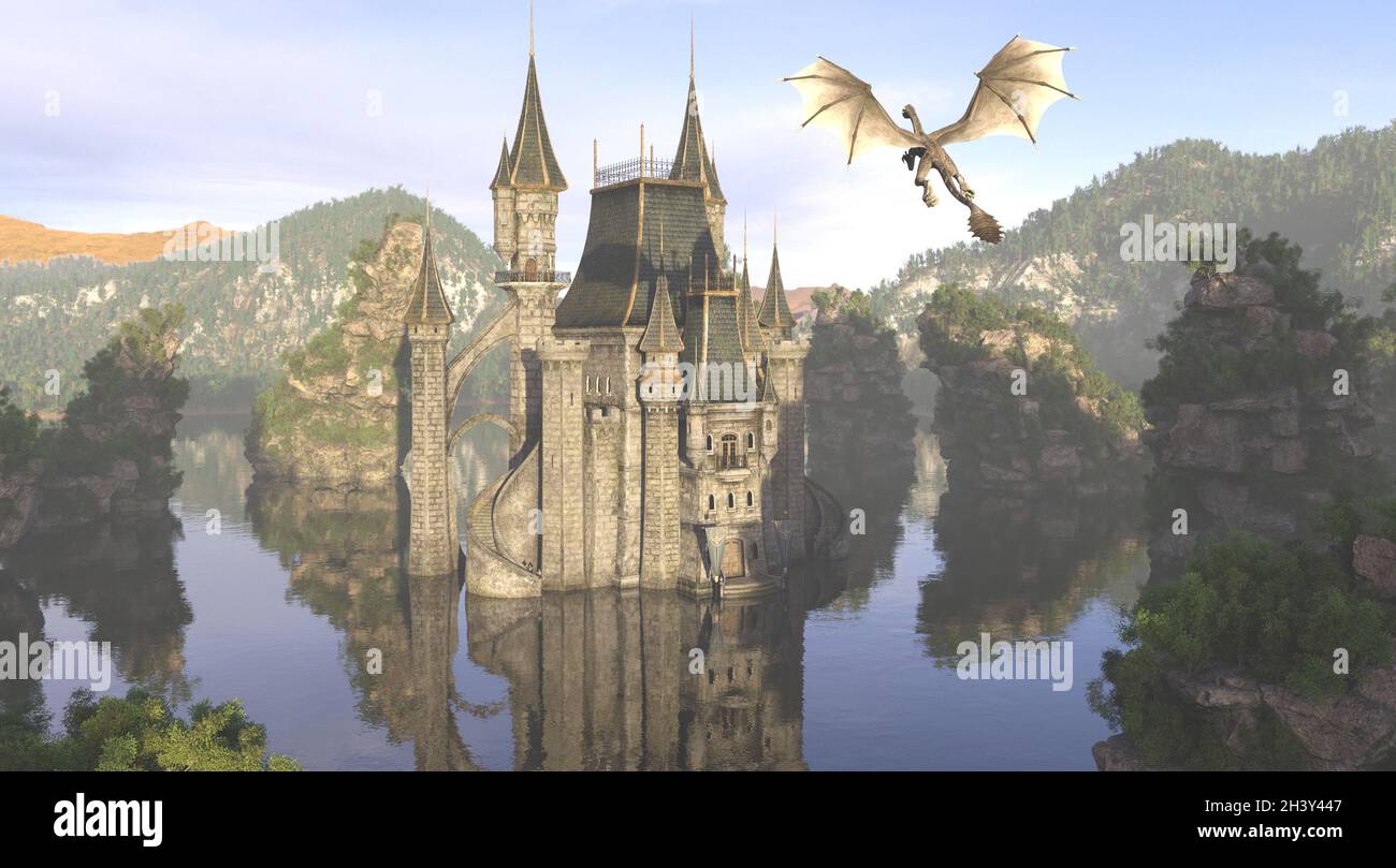 Castle On The Water And Dragon 3D Illustration Stock Photo - Alamy
