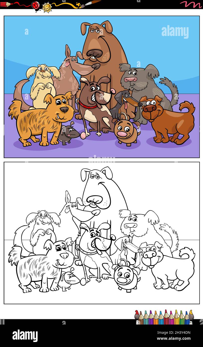 Cartoon dogs and puppies group coloring book page Stock Photo - Alamy