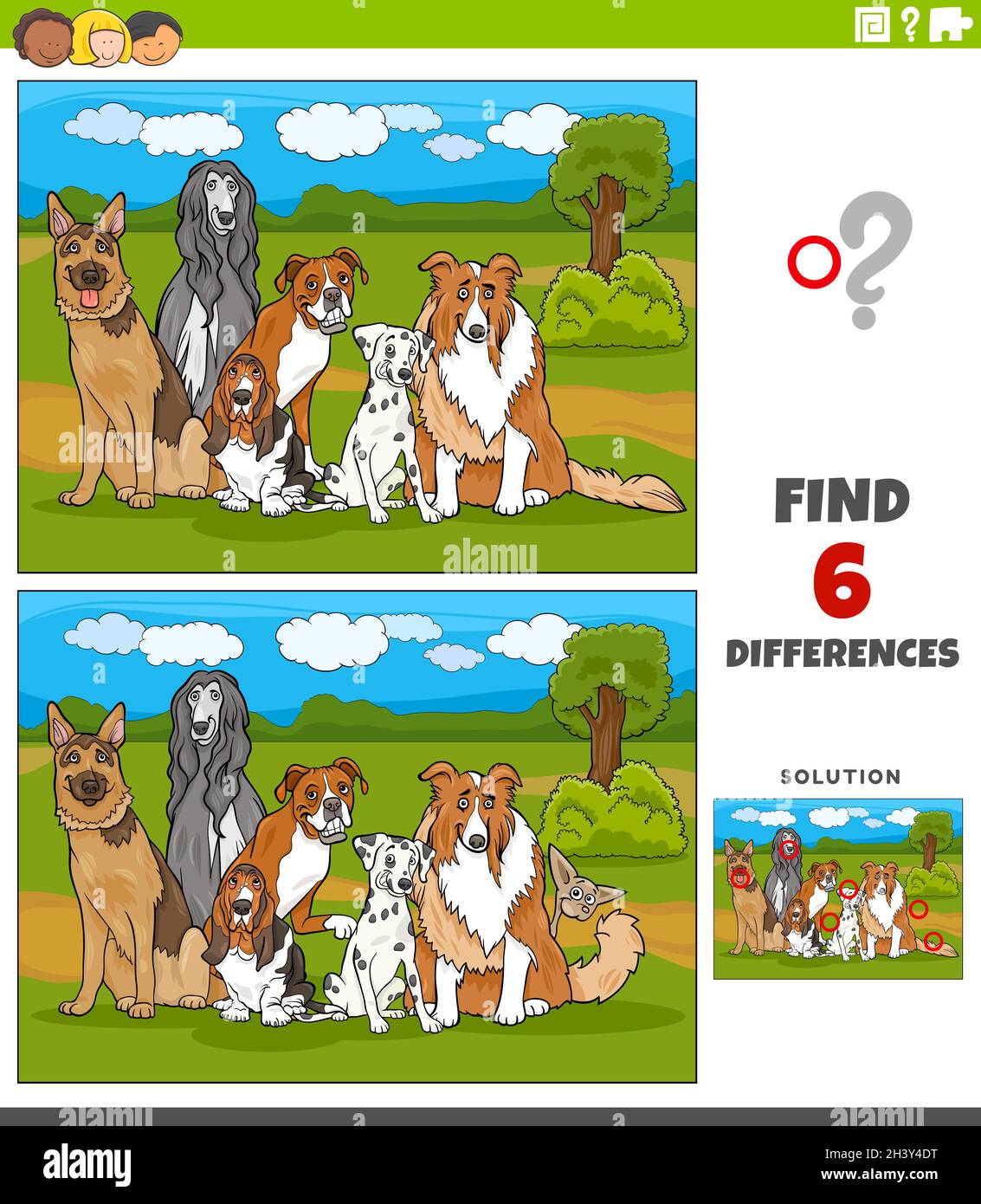 Differences educational game with comic purebred dogs Stock Photo - Alamy