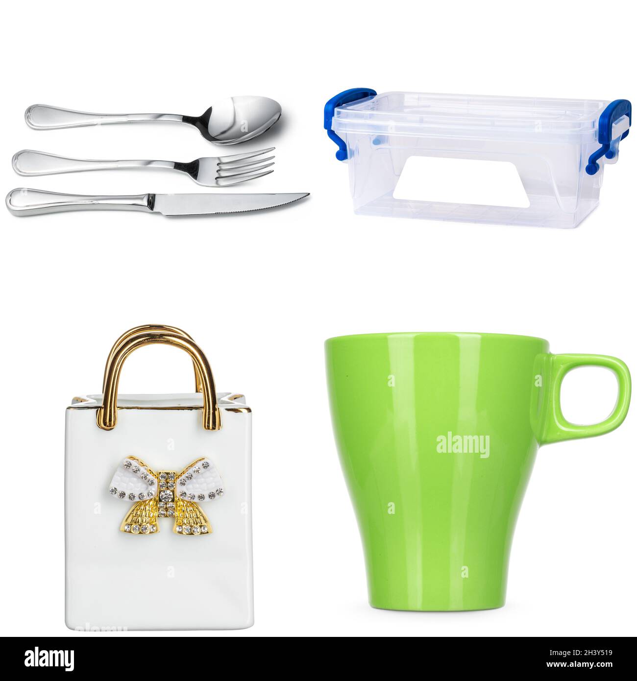 Collage of kitchen utensils isolated on white Stock Photo - Alamy