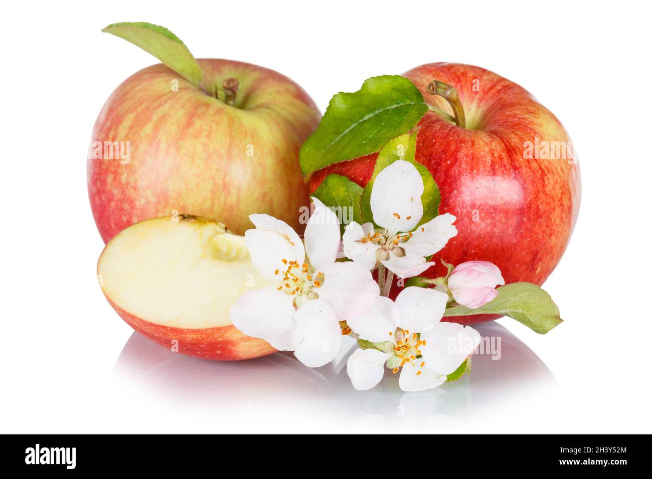 Apples fruits red apple fruit with flowers and leaves cropped isolated ...