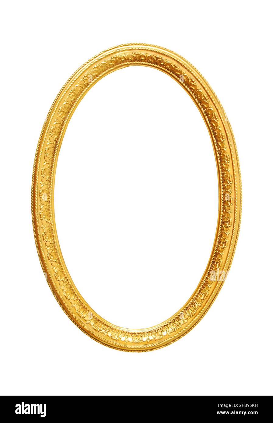 Oval empty wooden and gold gilded frame isolated on white background ...