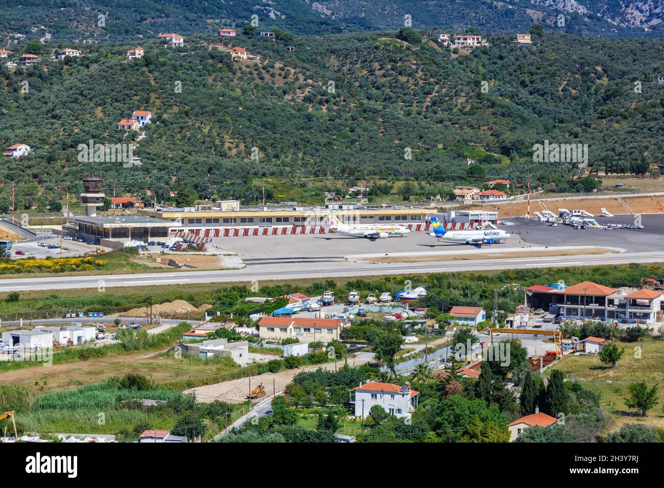 Overview Skiathos Airport (JSI) with terminal in Greece Stock Photo - Alamy