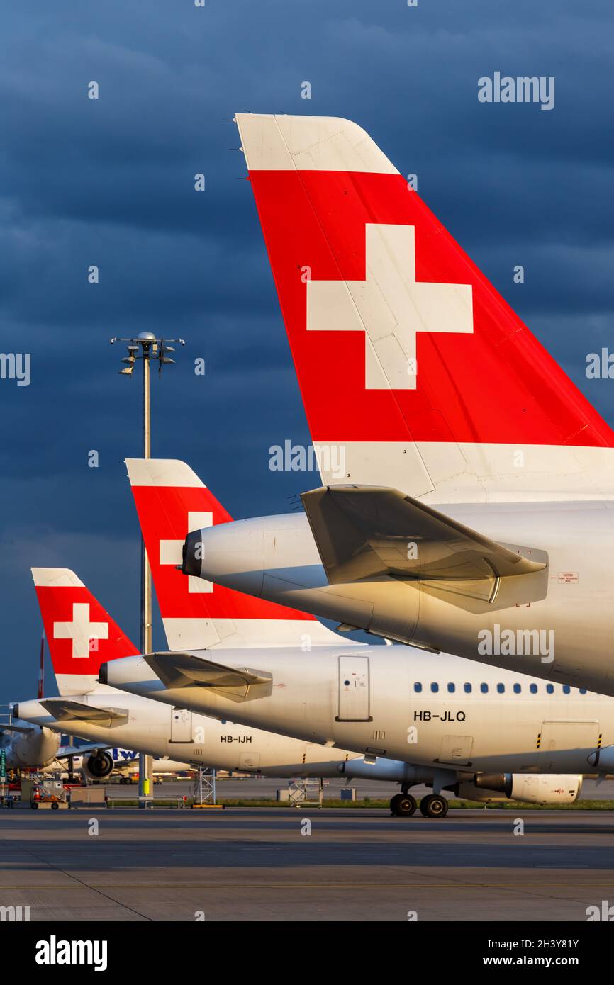 Swiss Airbus A320 aircraft tails tail unit Zurich airport in ...