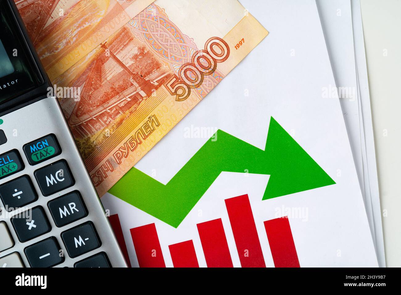 Financial chart with Russian rubles money stack with calculator ...
