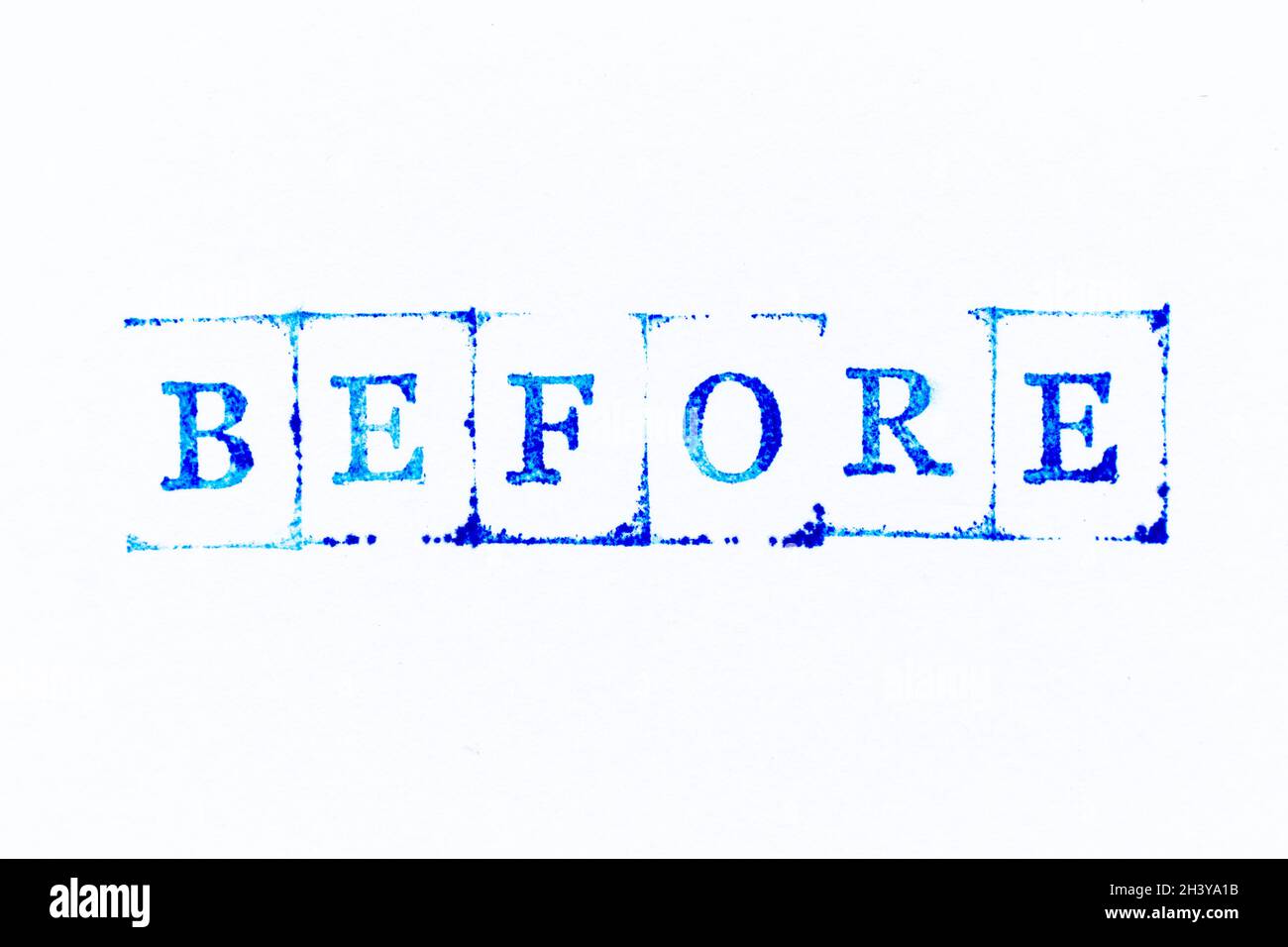Blue color ink rubber stamp in word before on white paper background ...