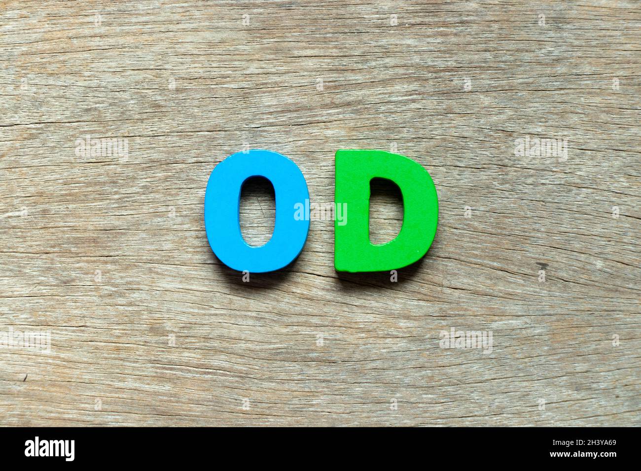 Color alphabet letter in word OD (Abbreviation of overdraft) on wood ...