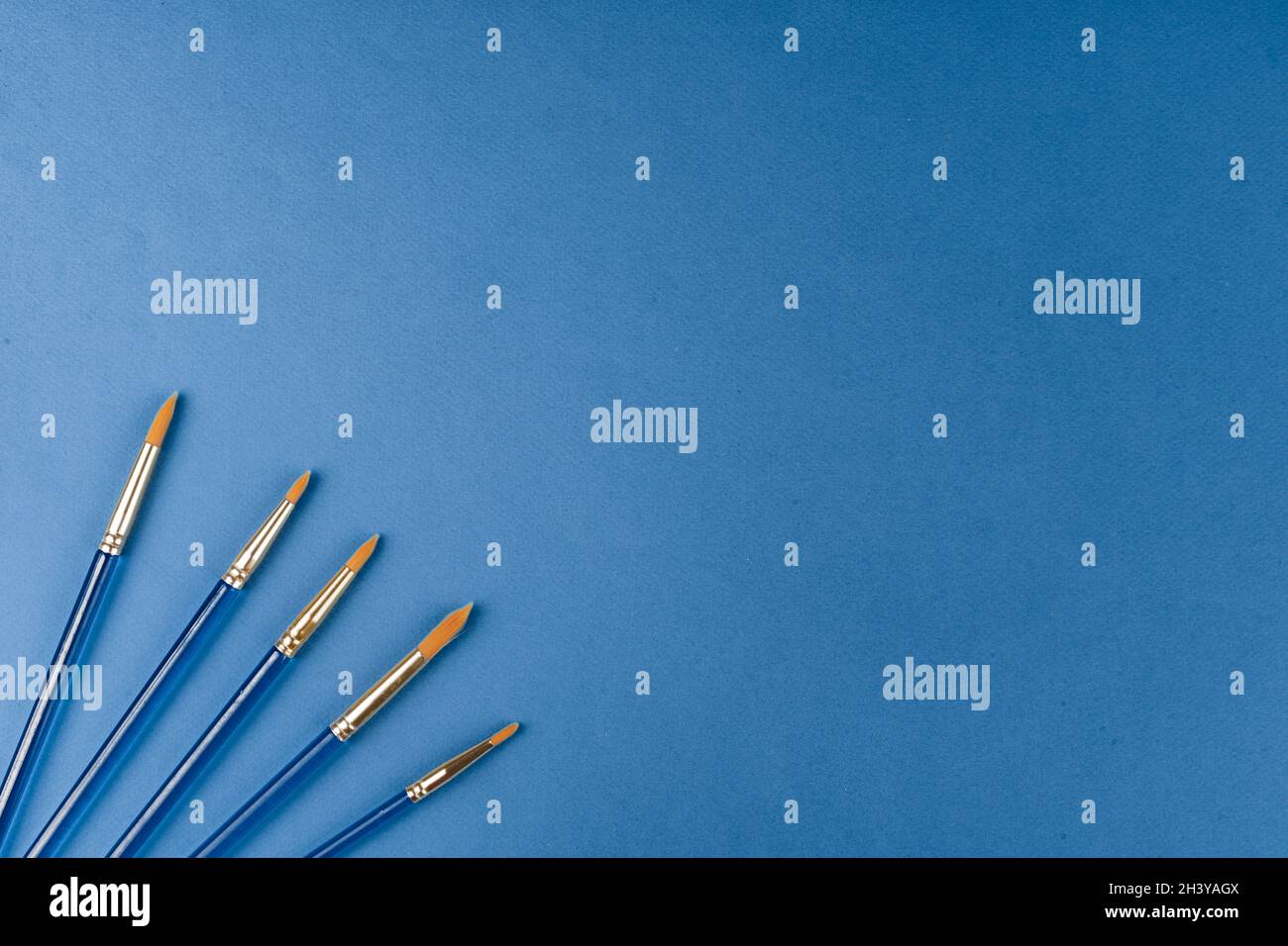 Blue paint brushes on classic blue background, view from above Stock ...