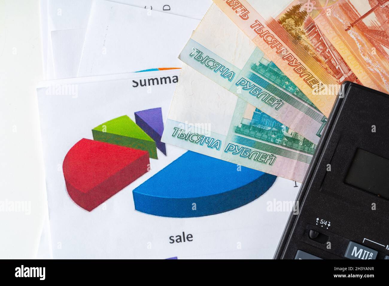 Financial chart with Russian rubles money stack with calculator ...