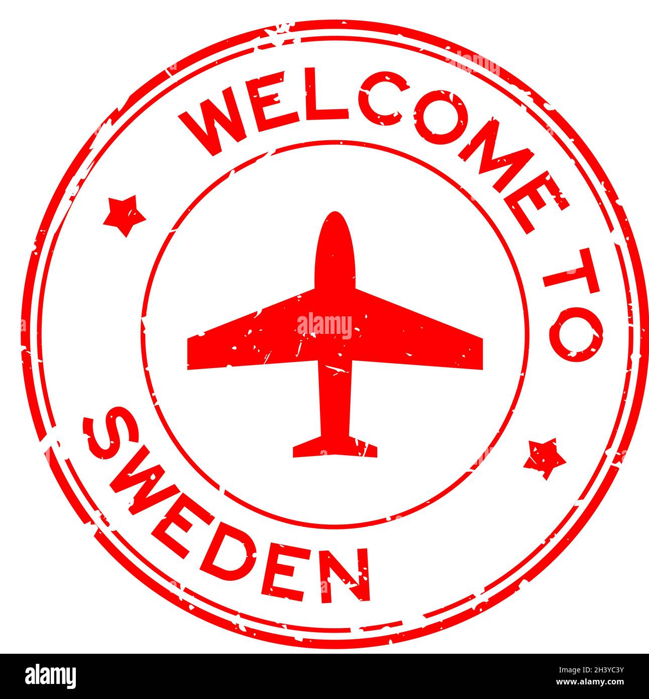Grunge red welcome to Sweden word with airplane icon round rubber seal ...